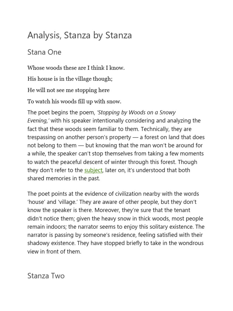 Analysis, Stanza by Stanza Stopping by Woods On A Snowy Evening by ...