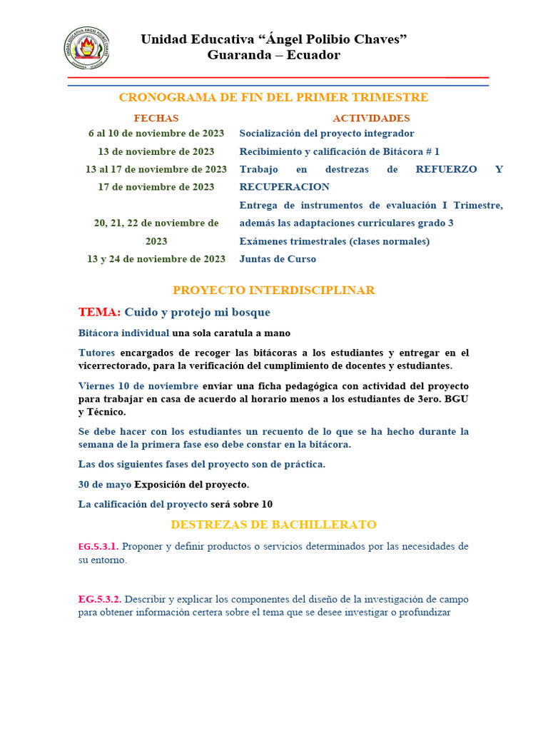 Cronograma de Fin Del Primer Trimestre | PDF