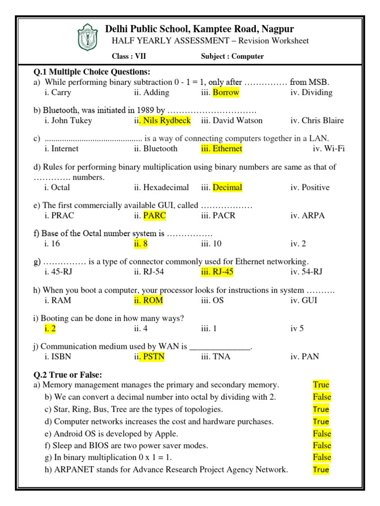 VII HYA Revision Worksheet Answer Key 202122 | PDF | Computer Network | Operating System