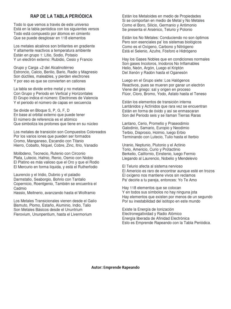 Rap De La Tabla Periódica Pdf Conjuntos De Elementos Químicos
