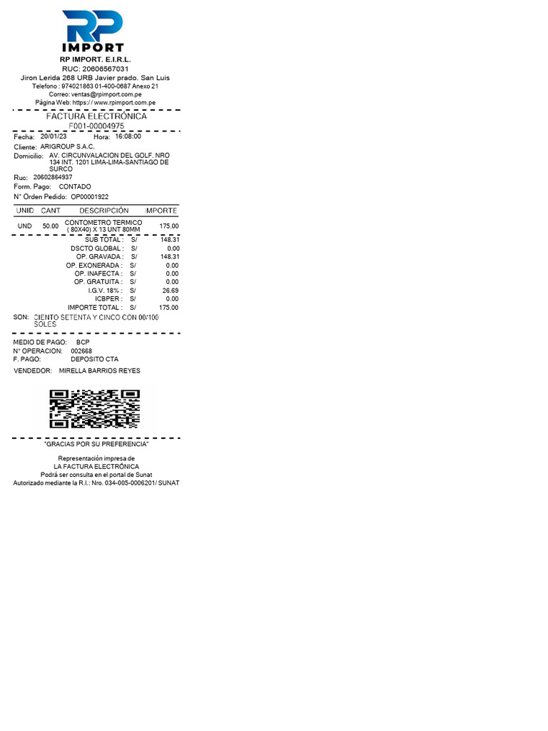 RP Import. E.I.R.L. RUC: 20606567031 Jiron Lerida 268 URB Javier Prado. San Luis | PDF