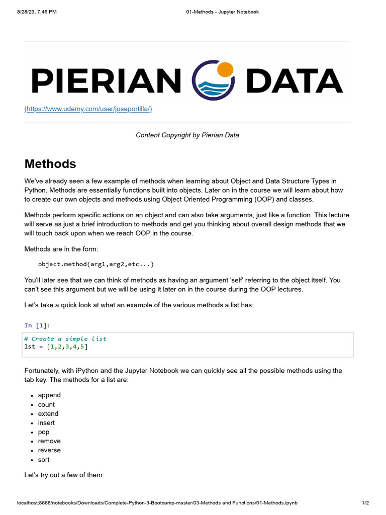 01-Methods - Jupyter Notebook | PDF | Object Oriented Programming | Method (Computer Programming)