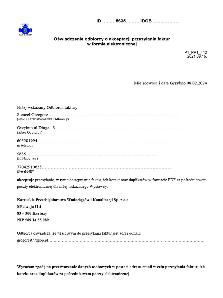 Przesylanie Faktur W Formie Elektronicznej - Oswiadczenie Odbiorcy o ...