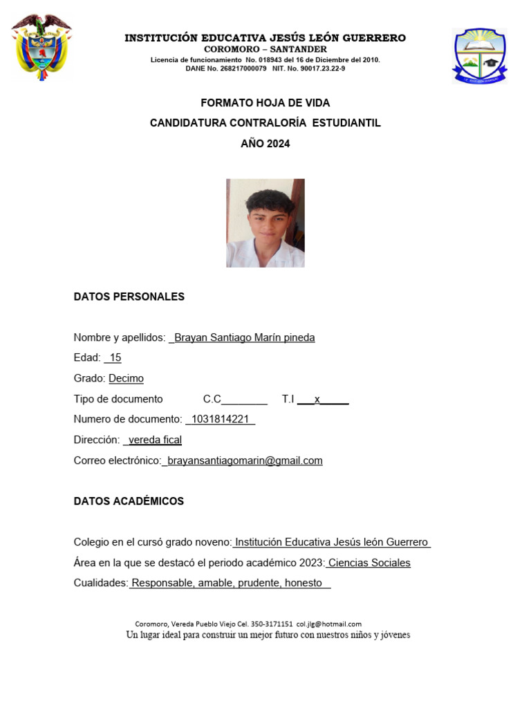 Formato Hoja de Vida Contraloria Estudiantil Brayan | PDF | Crecimiento personal y profesional ...