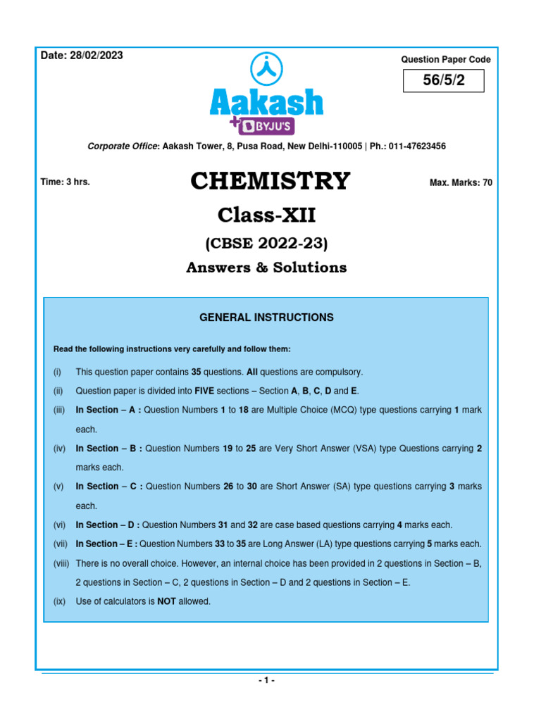 Ans & Sol - Chemistry (Class XII) - 28!02!2023 | PDF | Chemical ...