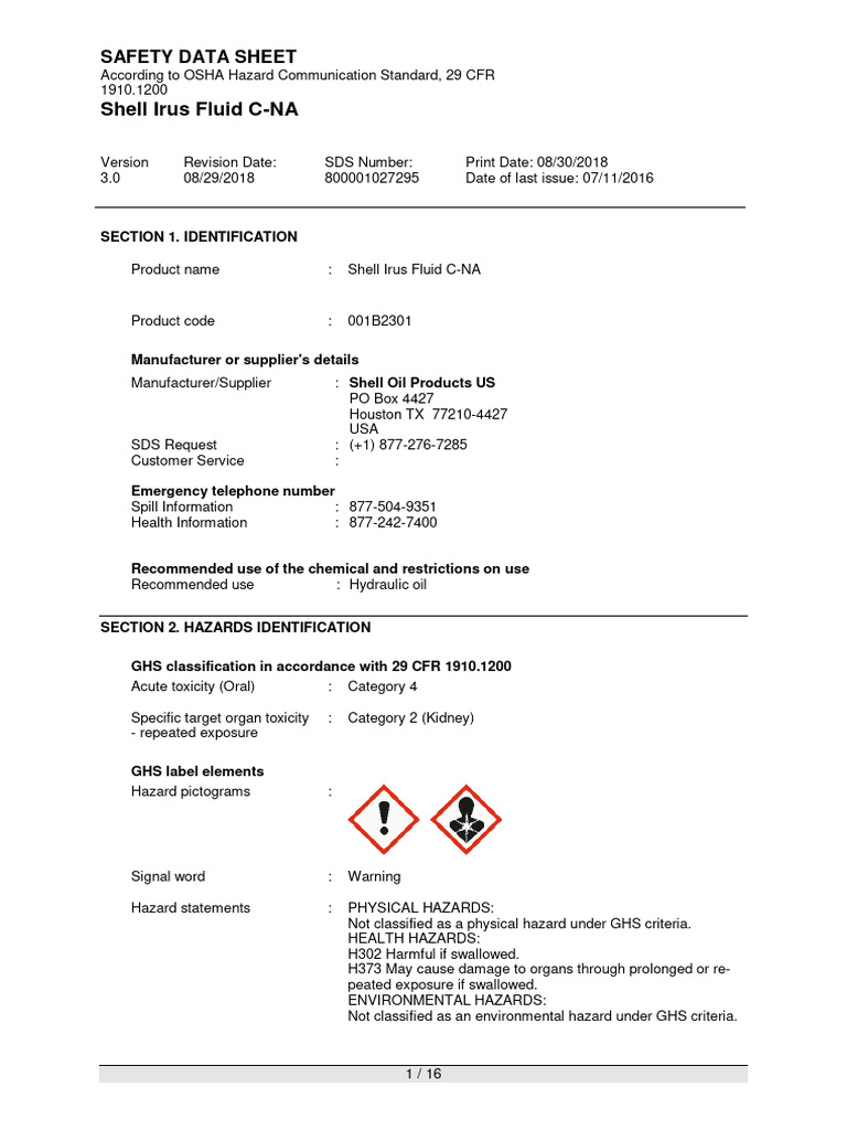 Shell Irus Fluid C NA MSDS | PDF | Safety | Occupational Safety And Health