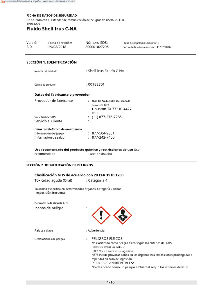 Ficha de Seguridad Shell Irus C-NA | PDF | Residuos | Contaminación