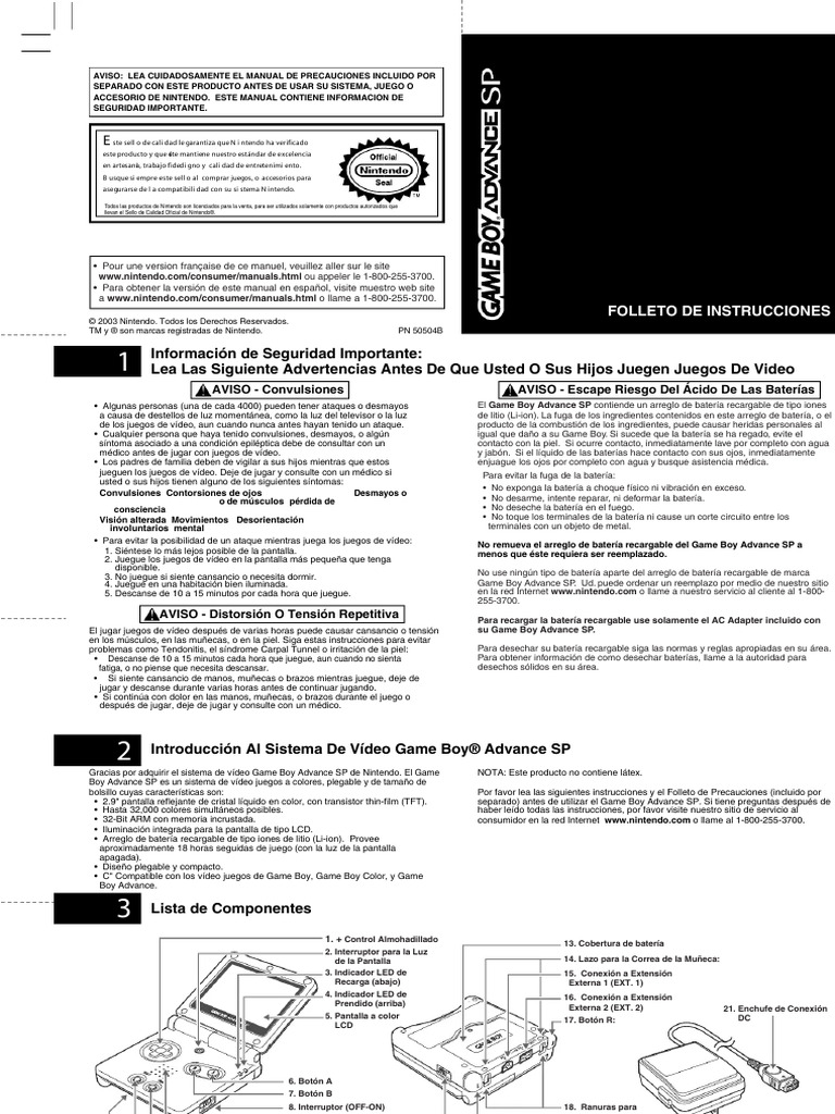 Manual Nintendo Gameboy Advance SP (Español - 2 Páginas) | PDF | Pantalla de cristal líquido ...