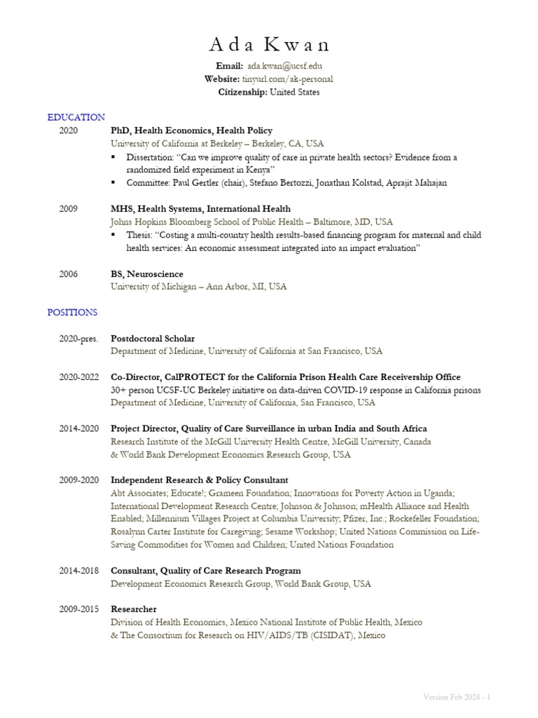 Kwan Ada - CV 2024-02 | PDF | Public Health | Tuberculosis