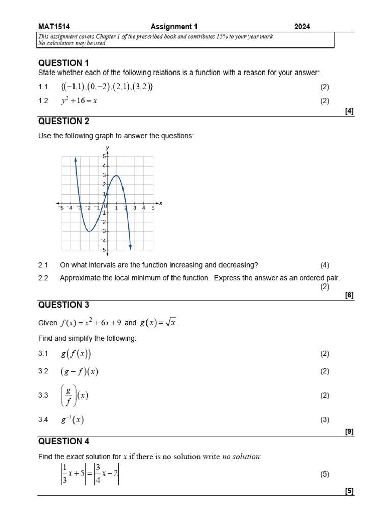 MAT1514 Assignment 1: Functions & Graphs | PDF | Function (Mathematics) | Equations