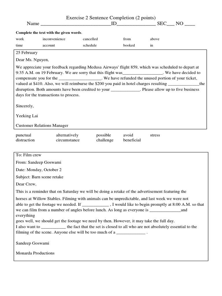 Exercise 2 Sentence Completion | PDF