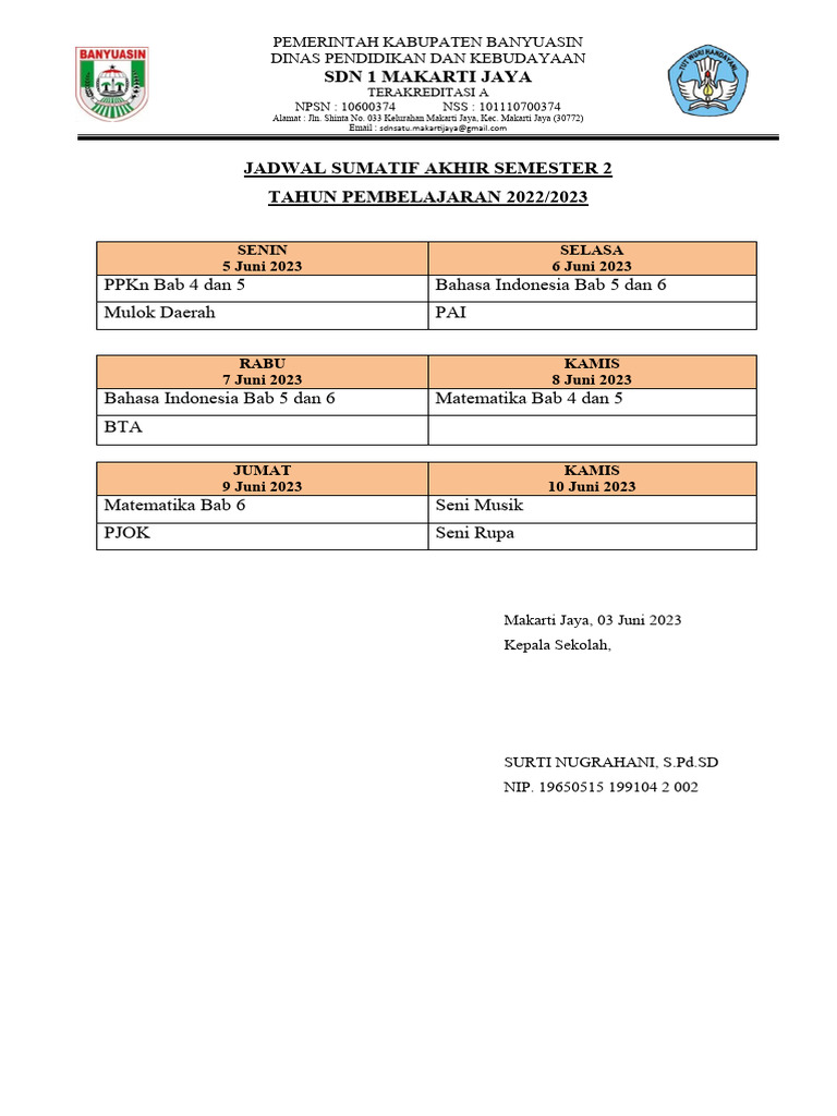 Jadwal Dan Soal Sas Kelas 1 SMT 2 | PDF