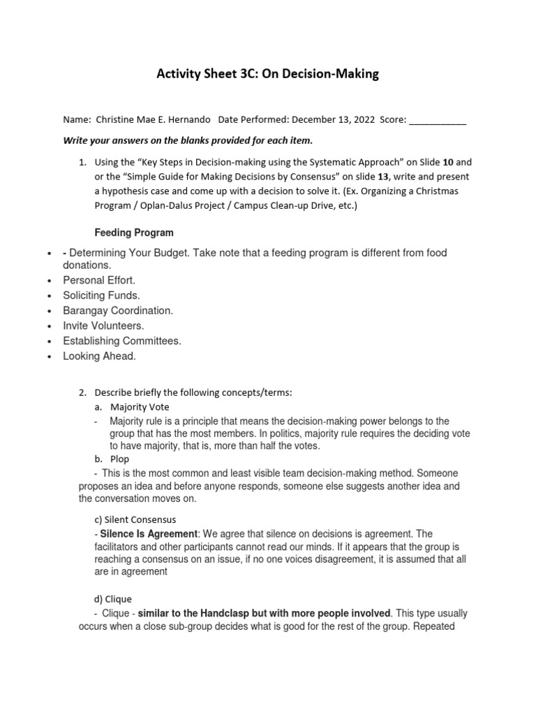 Activity Sheet 3C On Decision Making | PDF | Consensus Decision Making ...