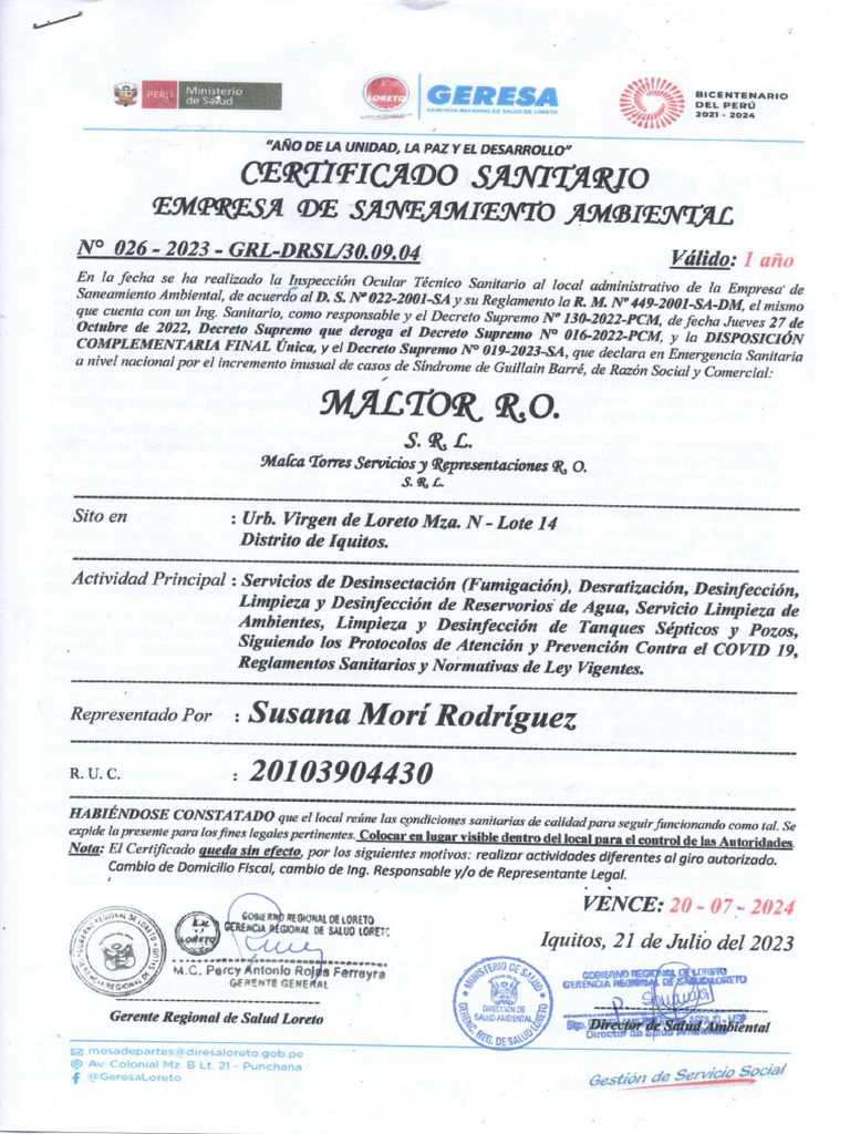 Certificado Sanitario | PDF