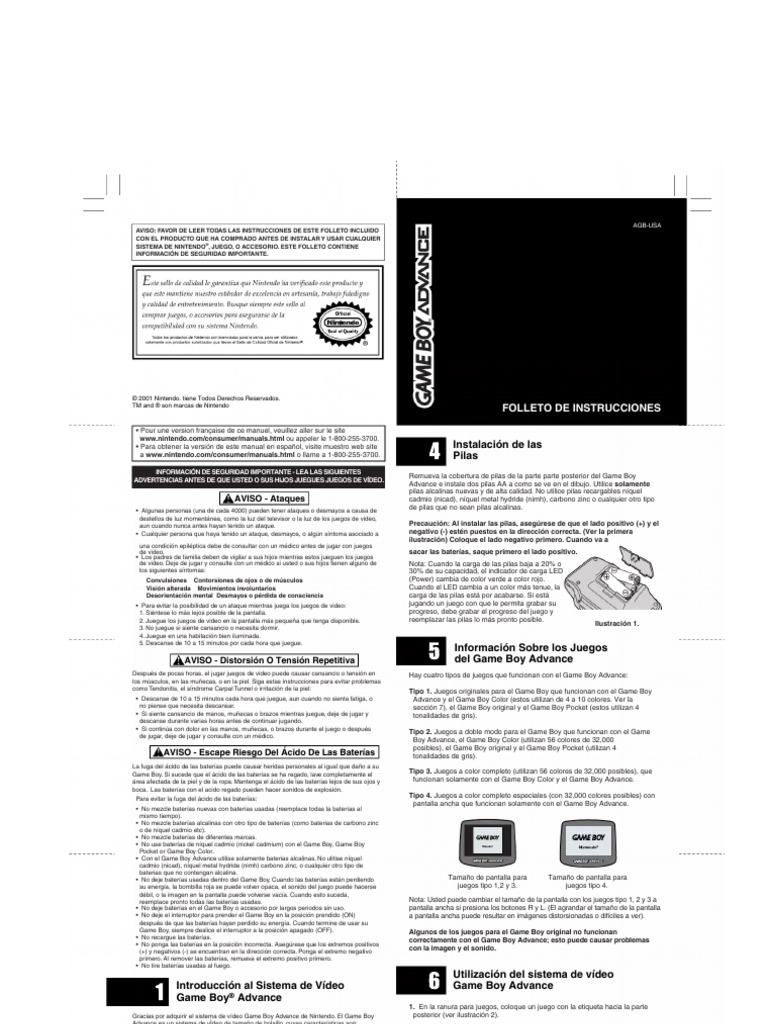 Manual Nintendo GameBoy Advance (Español - 2 Páginas) | PDF | Color | Diodo emisor de luz