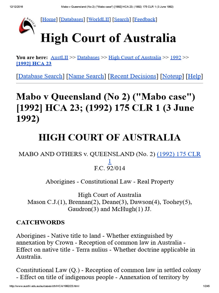 Mabo v Queensland (No 2) Case Summary | PDF | Justice | Crime & Violence