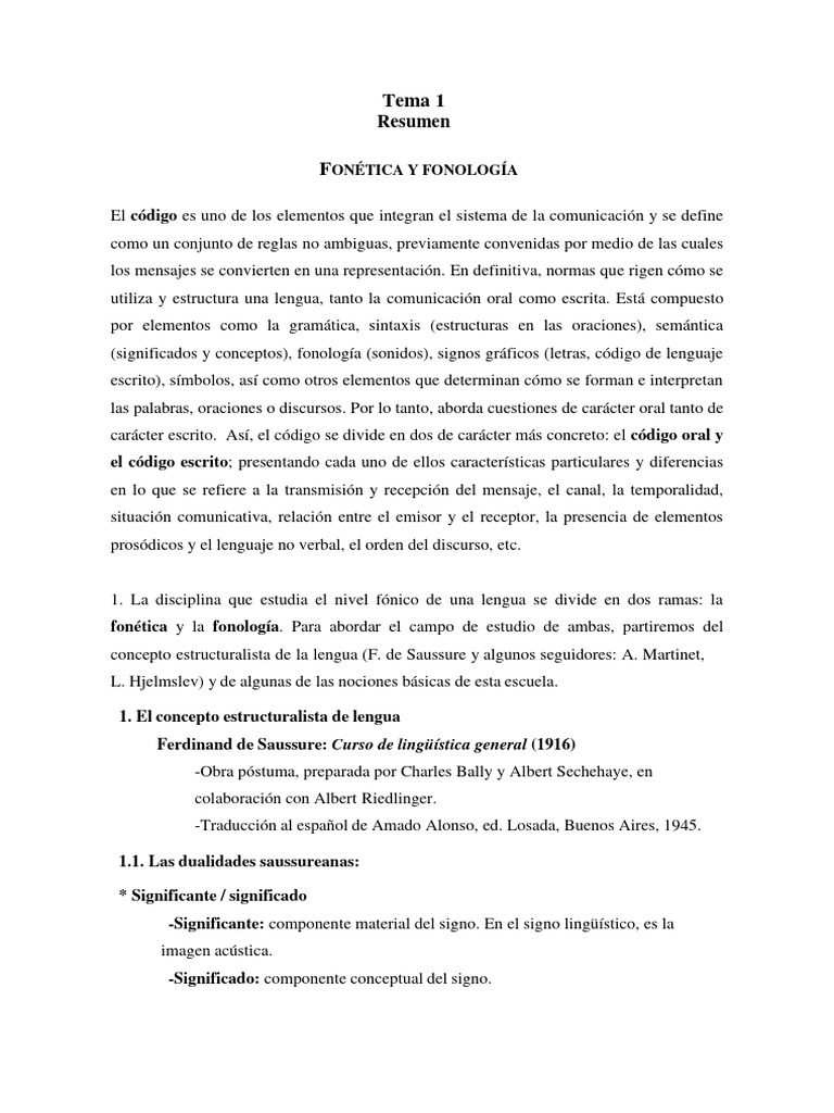 Tema 1. Resumen. Fonética y Fonología (Resumen) | PDF | Fonema | Fonología