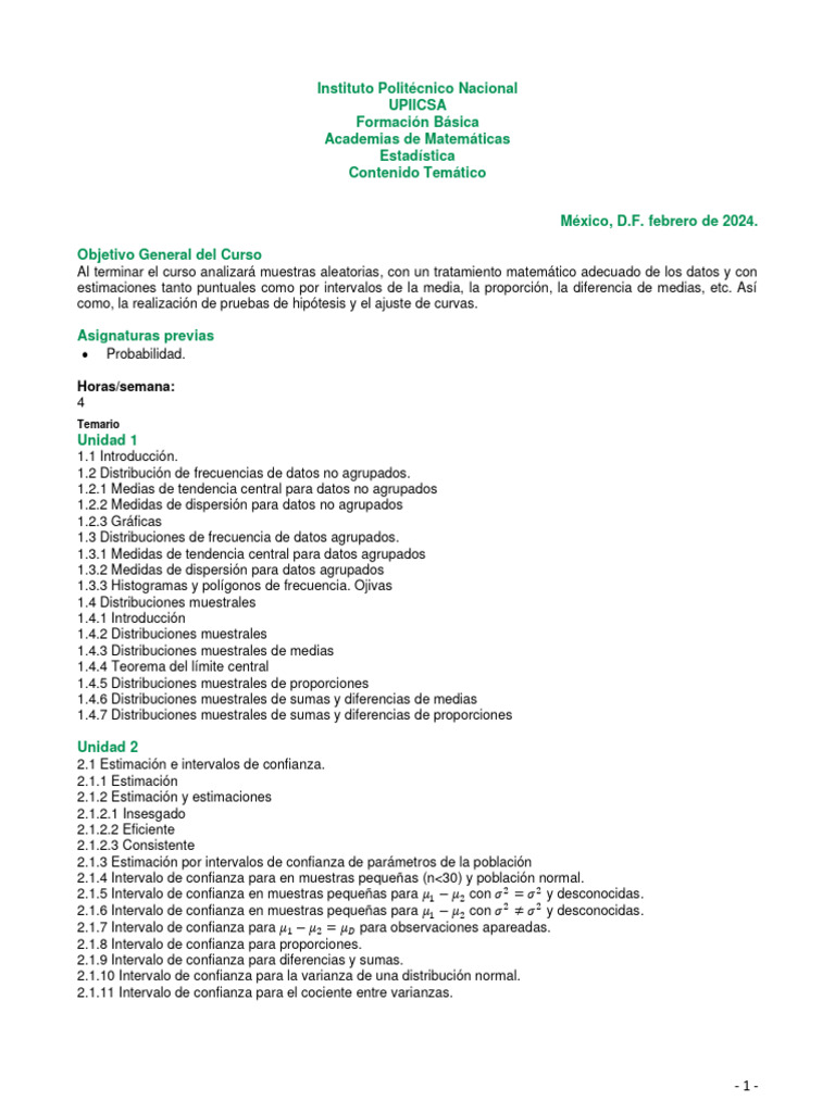 UPIICSA Estadística Programa. | PDF | Intervalo de confianza | Teoría ...