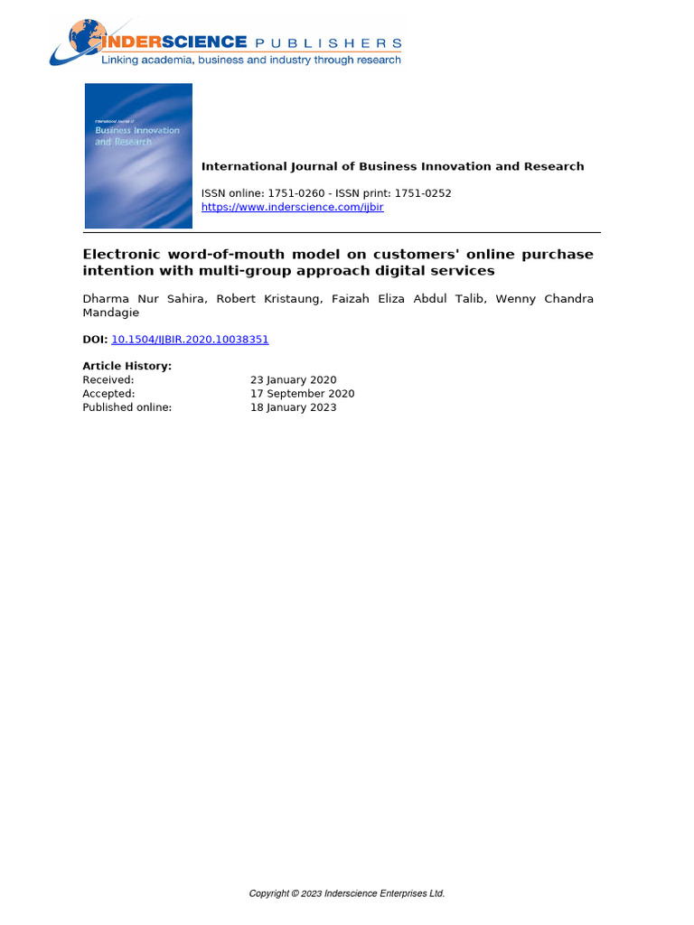 Electronic Wordofmouth Model On Customers Online Purchase Intention ...