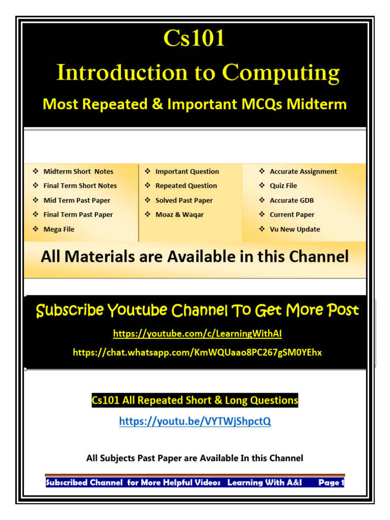 Cs101 Imp MCQs Midterm | PDF | World Wide Web | Internet & Web Cs101 Imp MCQs Midterm | PDF | World Wide Web | Internet & Web