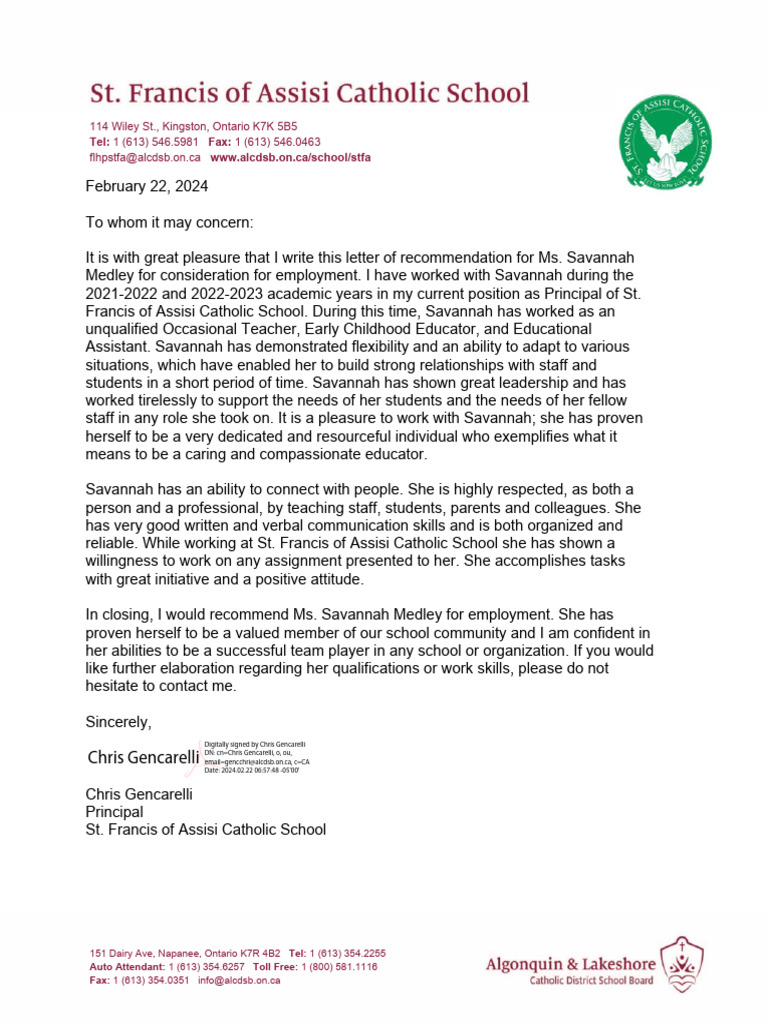 Reference Letter - Savannah Medley | PDF