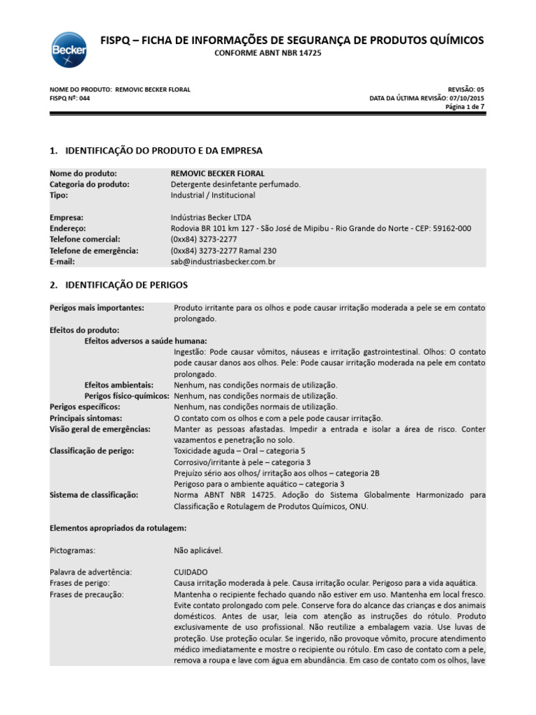 Desinfetante Becker Floral FISPQ | PDF | Química | Ciências Físicas