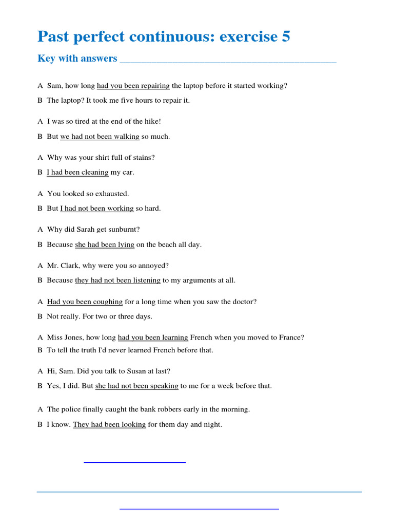 Past Perfect Continuous Exercise 5 Key | PDF