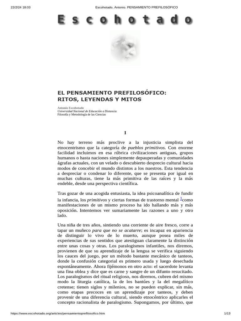 Escohotado, Antonio. Pensamiento Prefilosófico | PDF | Pensamiento ...