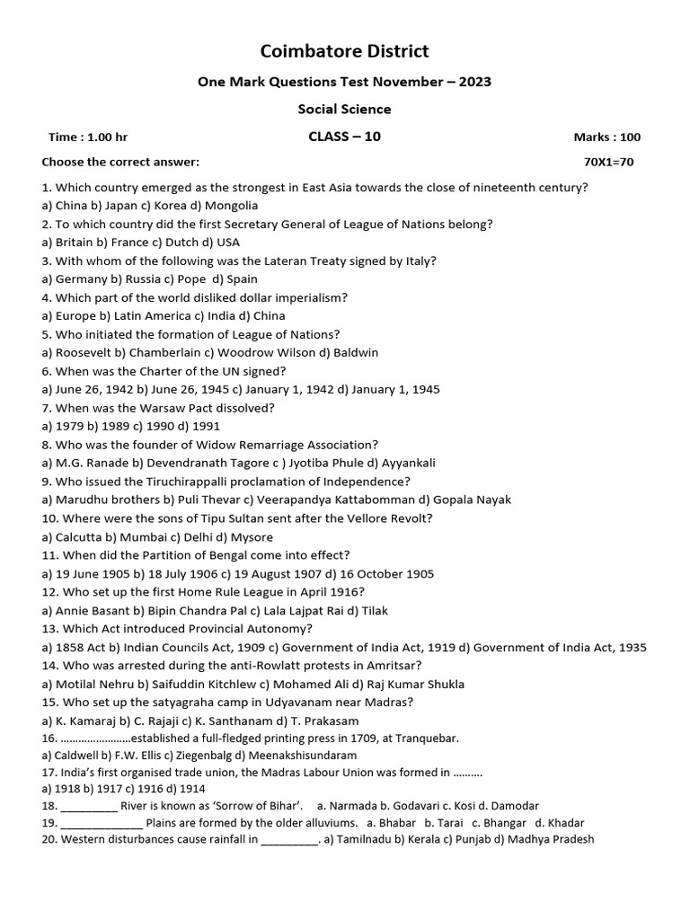 One Mark 100 em Nov 2023 | PDF | Tamil Nadu | South India