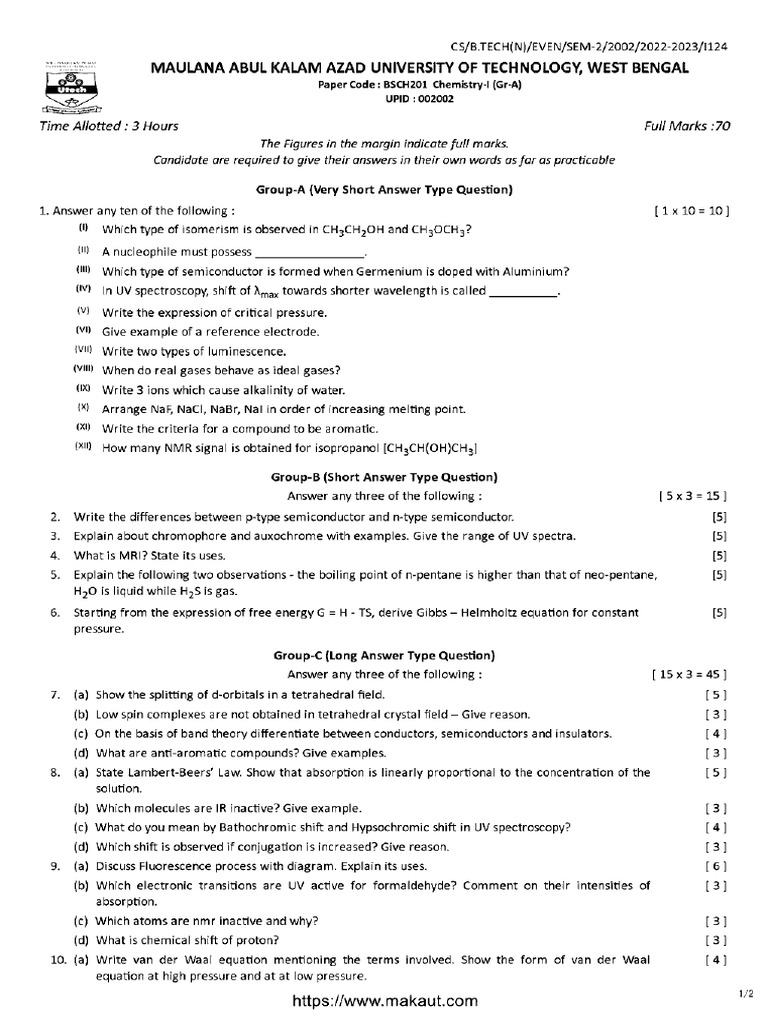 Btech 2 Sem Chemistry 1 Bsch201 2023 | PDF