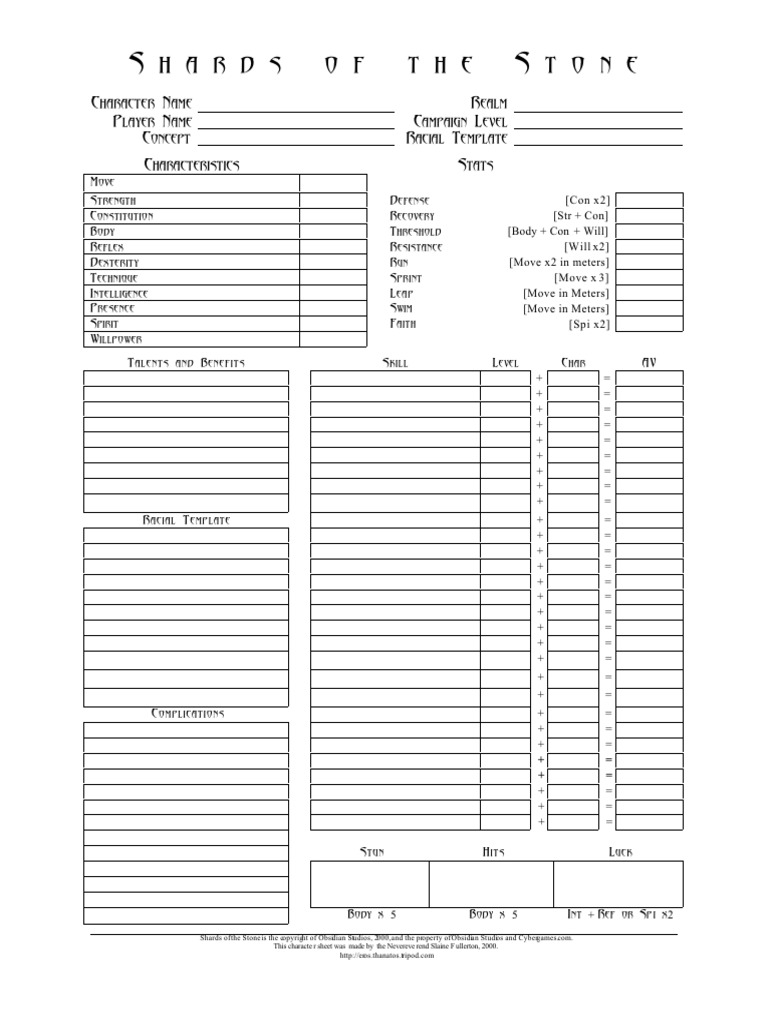 Shards of The Stone Character Sheet | PDF