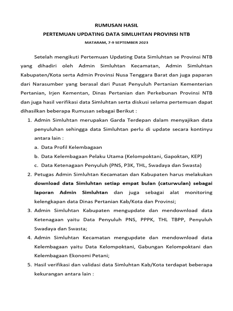 Rumusan Hasil Pertemuan Simluhtan 2023 | PDF | Pengelolaan Keuangan ...