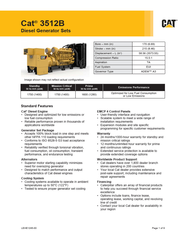 3512 B H.D All Rating 1750kVA Fiche Technique | PDF | Diesel Engine | Energy Technology