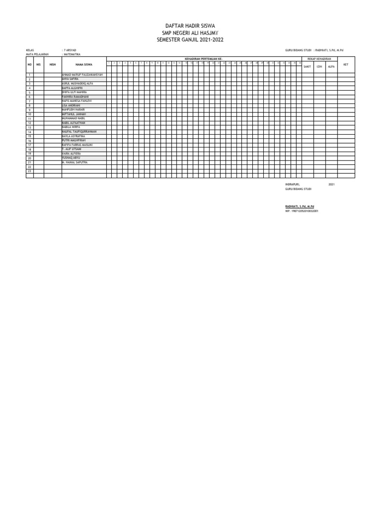 Daftar Hadir Buku Nilai 7 Arsyad | PDF Daftar Hadir Buku Nilai 7 Arsyad | PDF