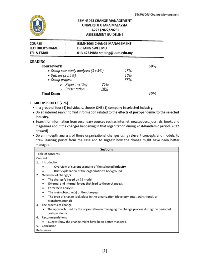 BSMH3063 - A222 Assessment Guideline (Student) | PDF | Change Management | Human Communication