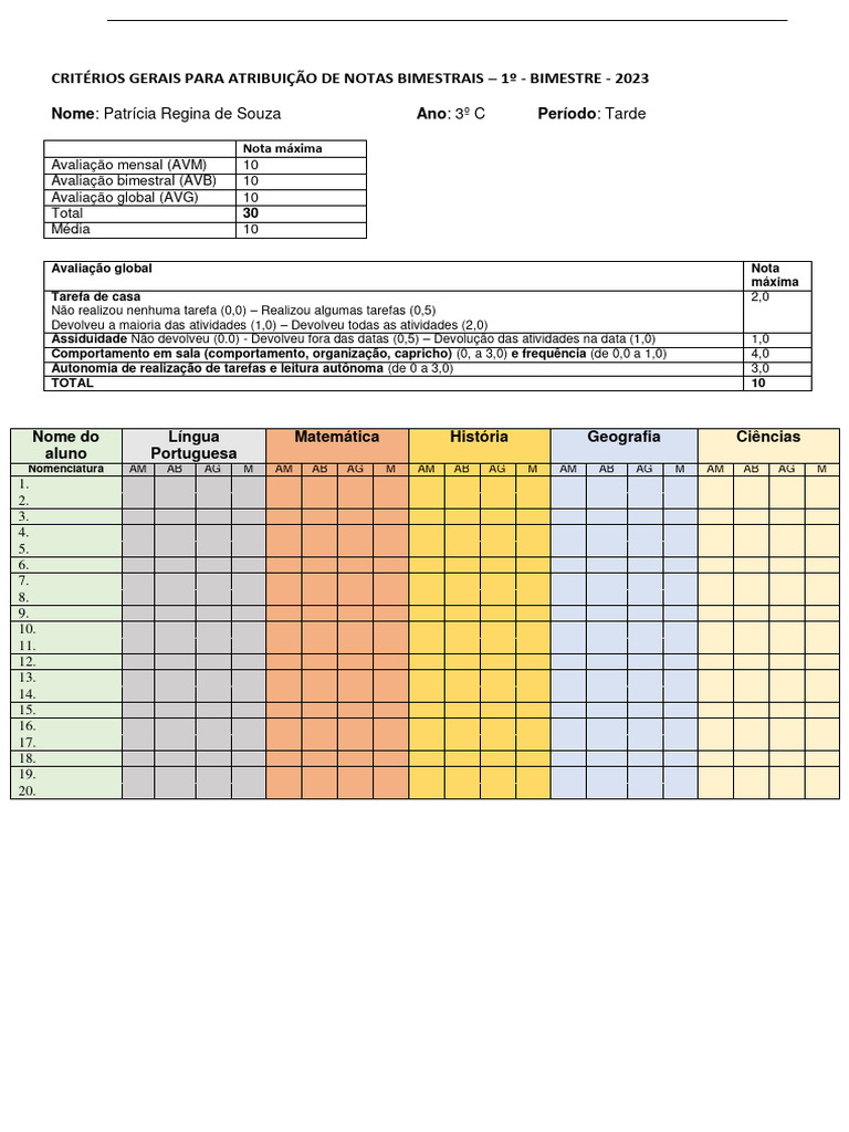 Modelo de Planilha de Notas Bimestrais | PDF