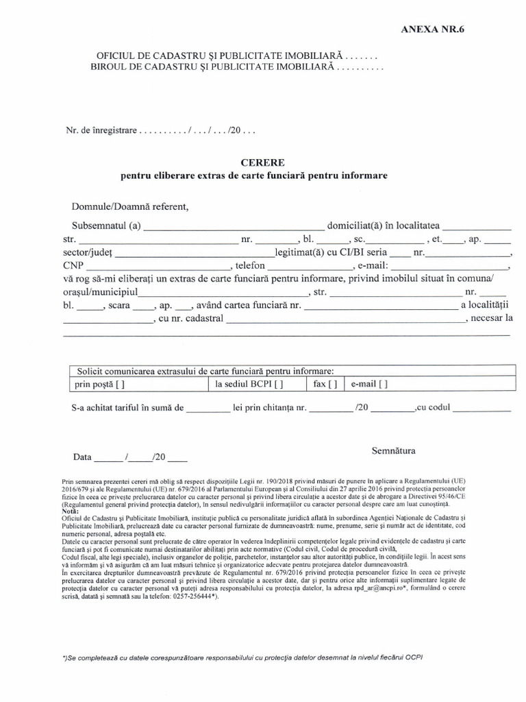 Cerere Eliberare Extras de Carte Funciara Pentru Informare | PDF