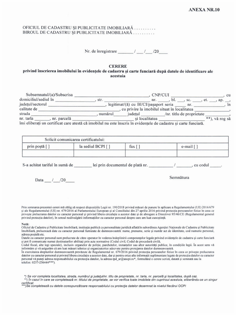 Cerere Inscriere Imobil in Evidentele de Cadastru Si Carte Funciara Dupa Datele de Identificare ...
