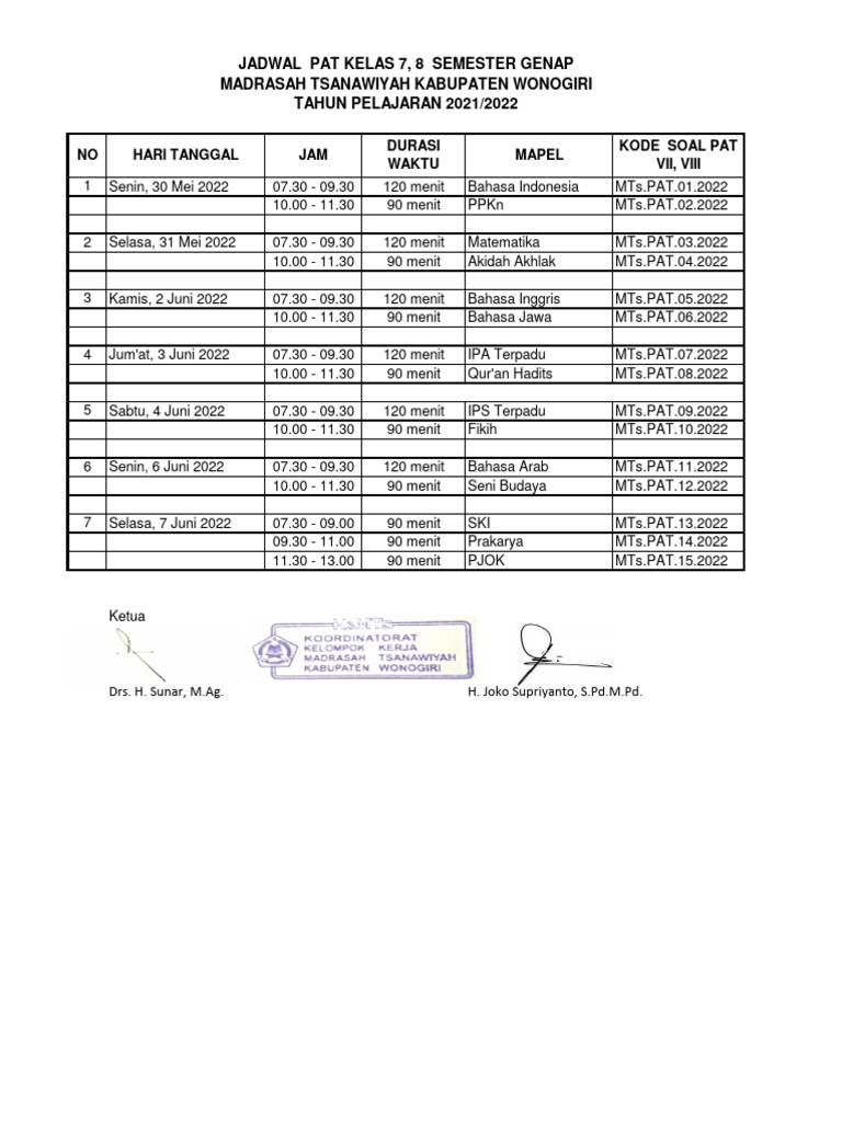 JADWAL PAT 7, 8 Genap TAHUN 2021-2022 Revisi Maju | PDF