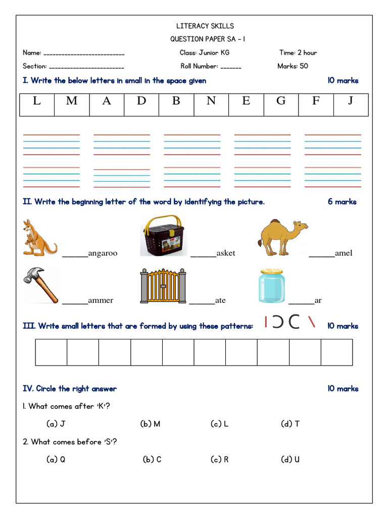LKG SA 1 Q.Paper - Literacy | PDF | Writing