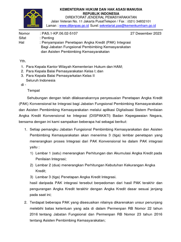 Surat Penyampaian Penetapan Angka Kredit PAK Integrasi Bagi JF PK Dan ...