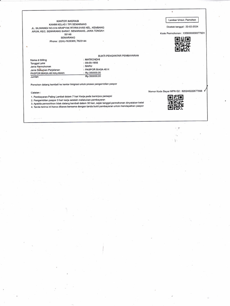 Bukti Pembayaran Paspor - 20240222 - 0001 | PDF