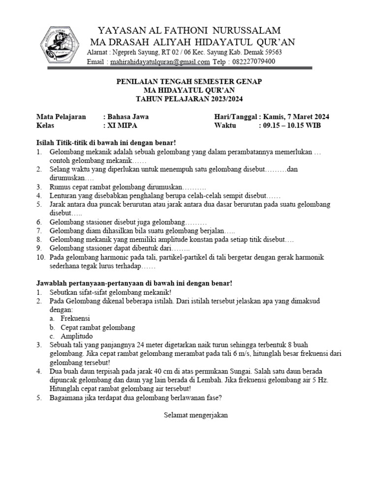 Soal PTS B.jawa XI Genap 2023.2024 | PDF