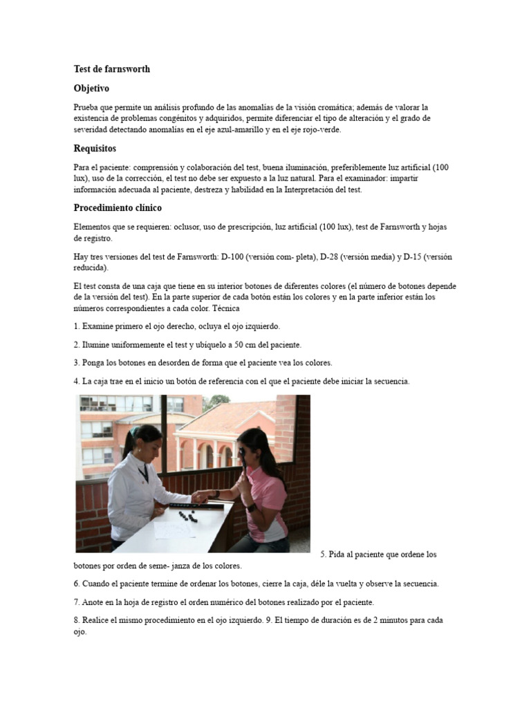 Test de Farnsworth: Evaluación Visual | PDF | Medicina CLINICA