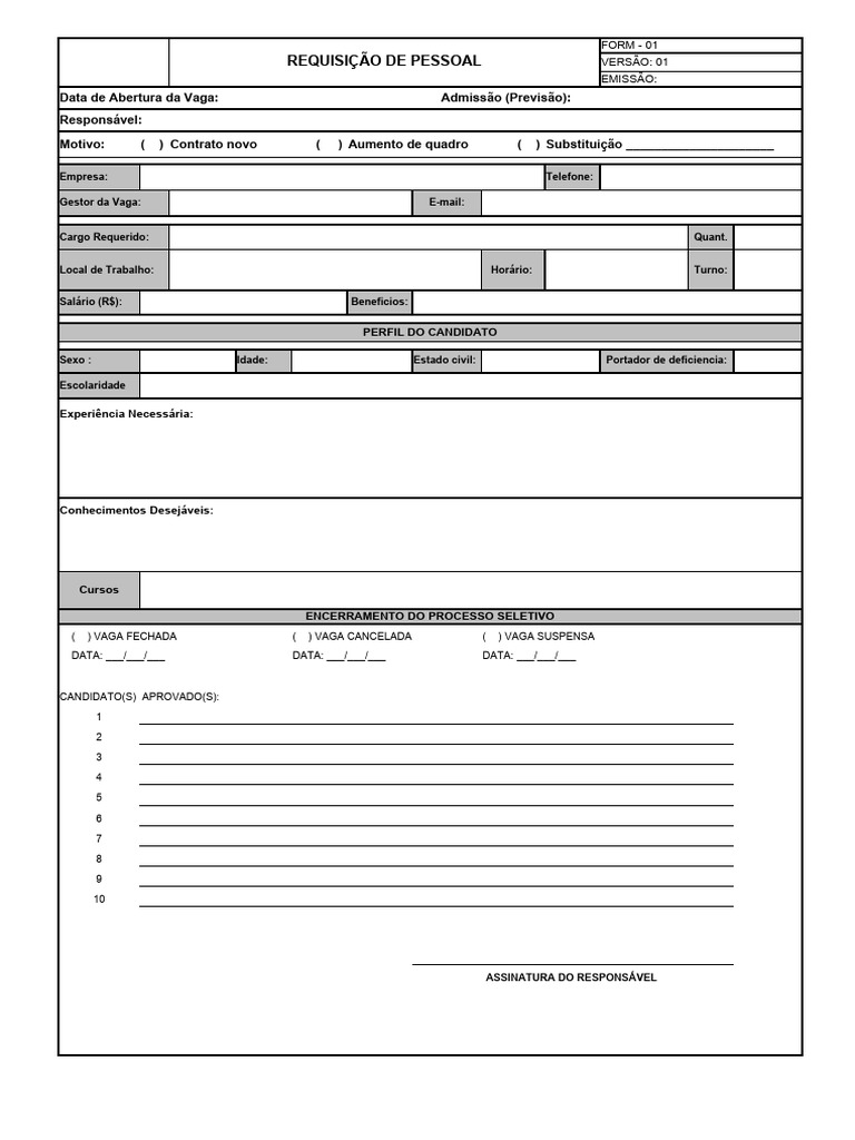 Form 01 - Requisição de Pessoal - vs01 | PDF