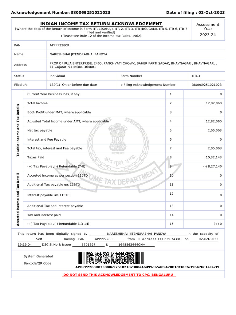 Indian Income Tax Return Acknowledgement: Acknowledgement Number ...