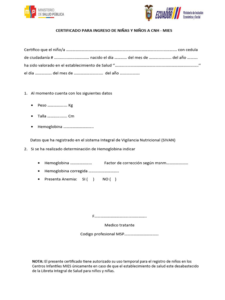 Certificado Medico de Ingreso Del MSP | PDF