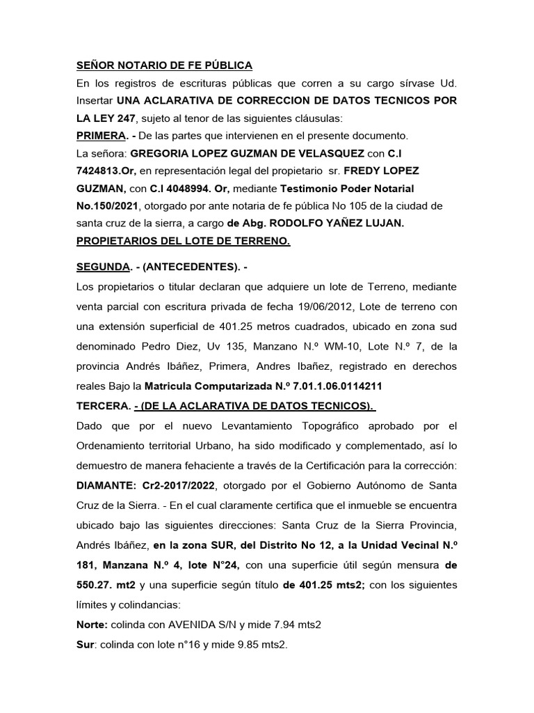 Minuta de Correcion de Datos Tecnicos | PDF | Derecho Civil (Common Law) | Justicia