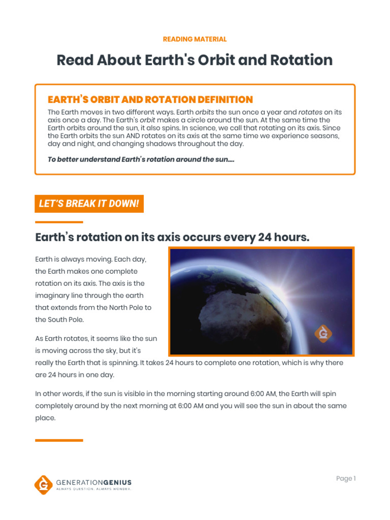Earths Orbit and Rotation Reading Material Grades 3 5 | PDF | Earth | Sun