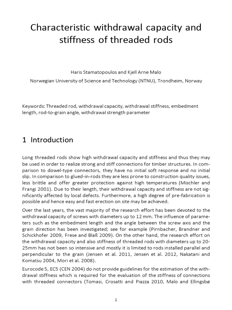 Characteristic Withdrawal Capacity and Stiffness of Threaded Rods | PDF ...